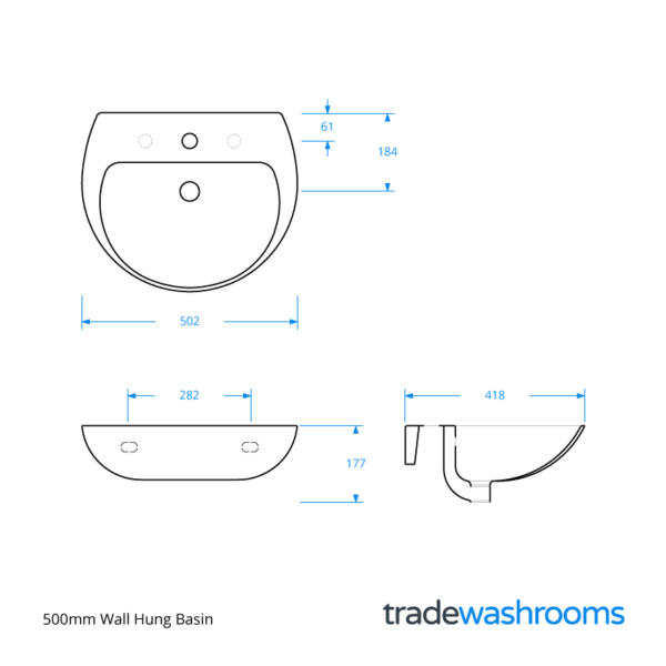 500mm Wall Hung Basin - Wall-Mounted IPS Sink • ASPRO50BA1