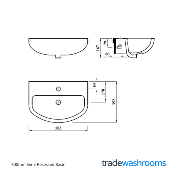 500mm Semi Recessed Basin - ASWHGSR50BA • Trade Washrooms