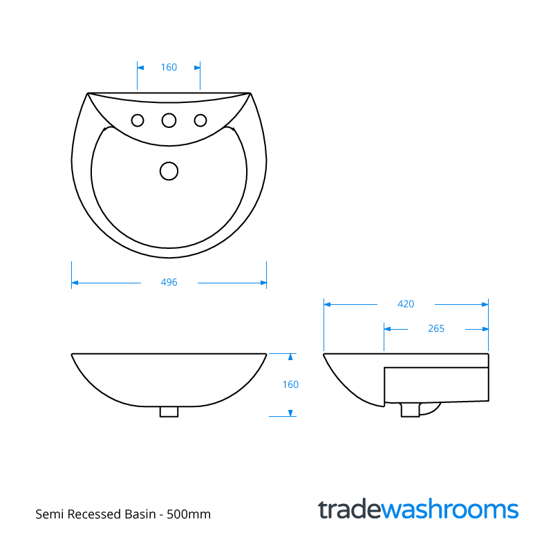 500mm Semi Recessed Basin - ASWHSR50BA • Trade Washrooms