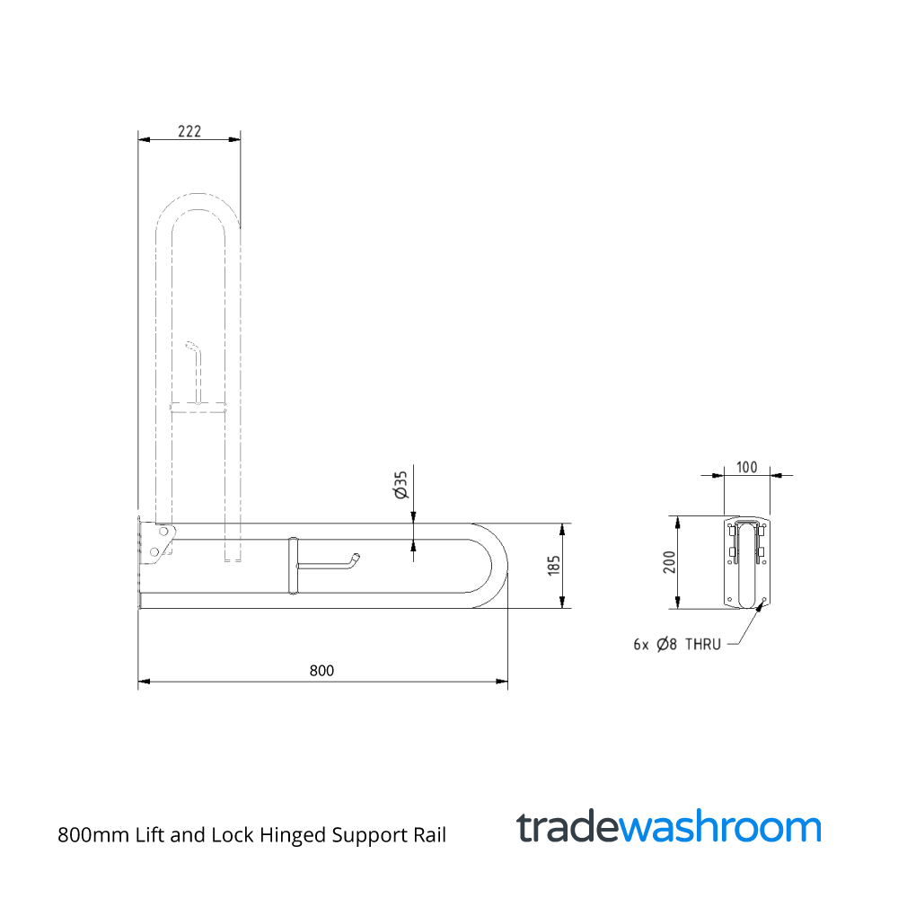 800mm Lift-and-Lock Hinged Support Rail with Toilet Roll Holder