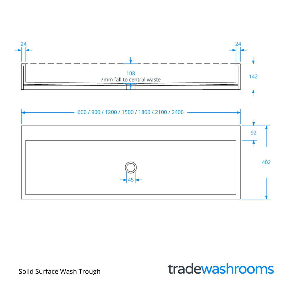 Solid Surface 'Corian' Wash Trough - 600mm to 2400mm Lengths